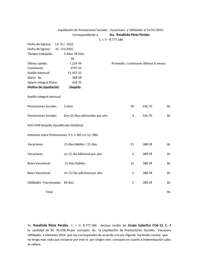 Rosalinda Pérez Perales Liquidc Prestc Vacac y Utilidades | PDF ...