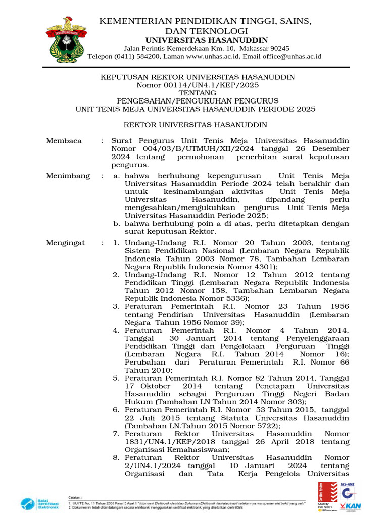 SK Pengurus Unit Tenis Meja Universitas Hasanuddin Periode 2025 | PDF