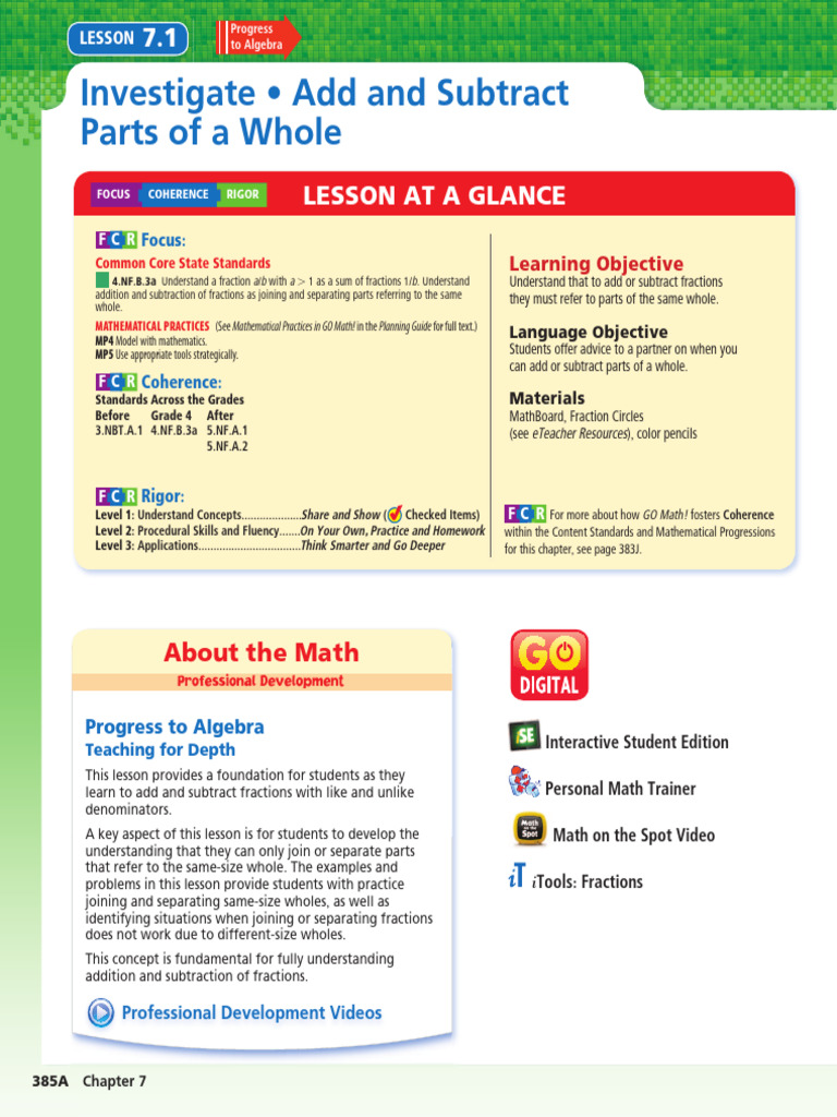 Investigate - Add and Subtract Parts of A Whole: Lesson at A Glance | PDF | Mathematics
