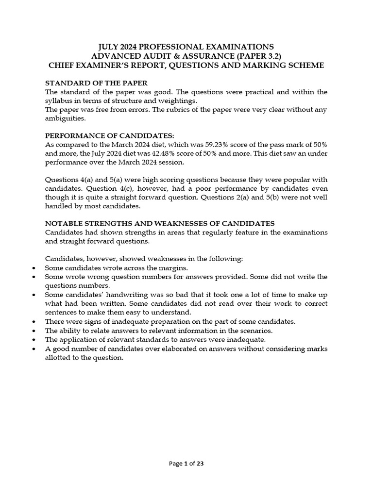 ADVANCED AUDIT ASSURANCE PAPER 3.2 July 2024 | PDF | Audit | Auditor's ...