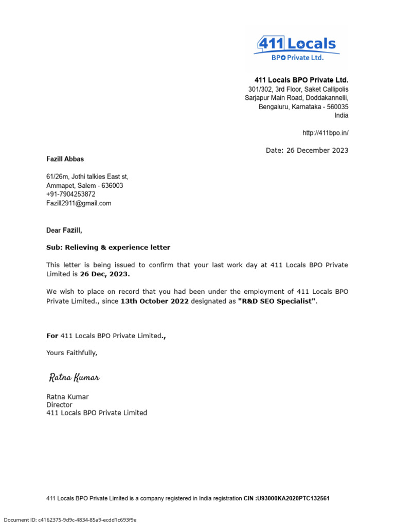 Relieving & Experience Letter - Fazill Abbas - Docx-2 | PDF