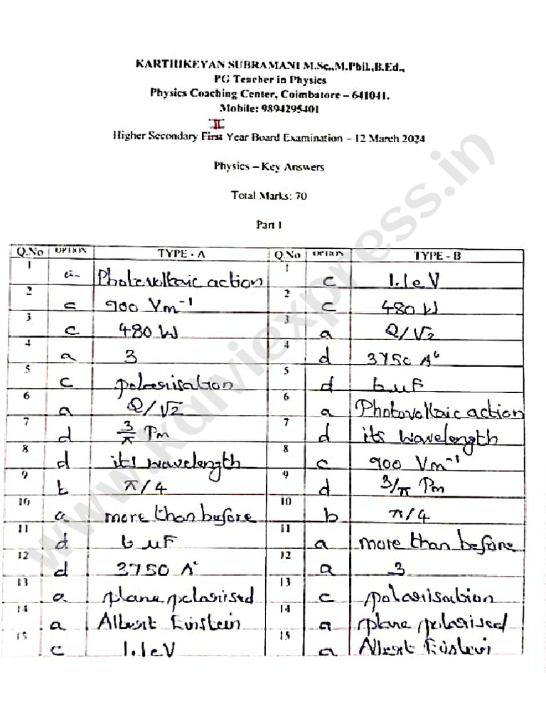 12Th Physics Public Exam One-Mark Answer Key 2024 | PDF