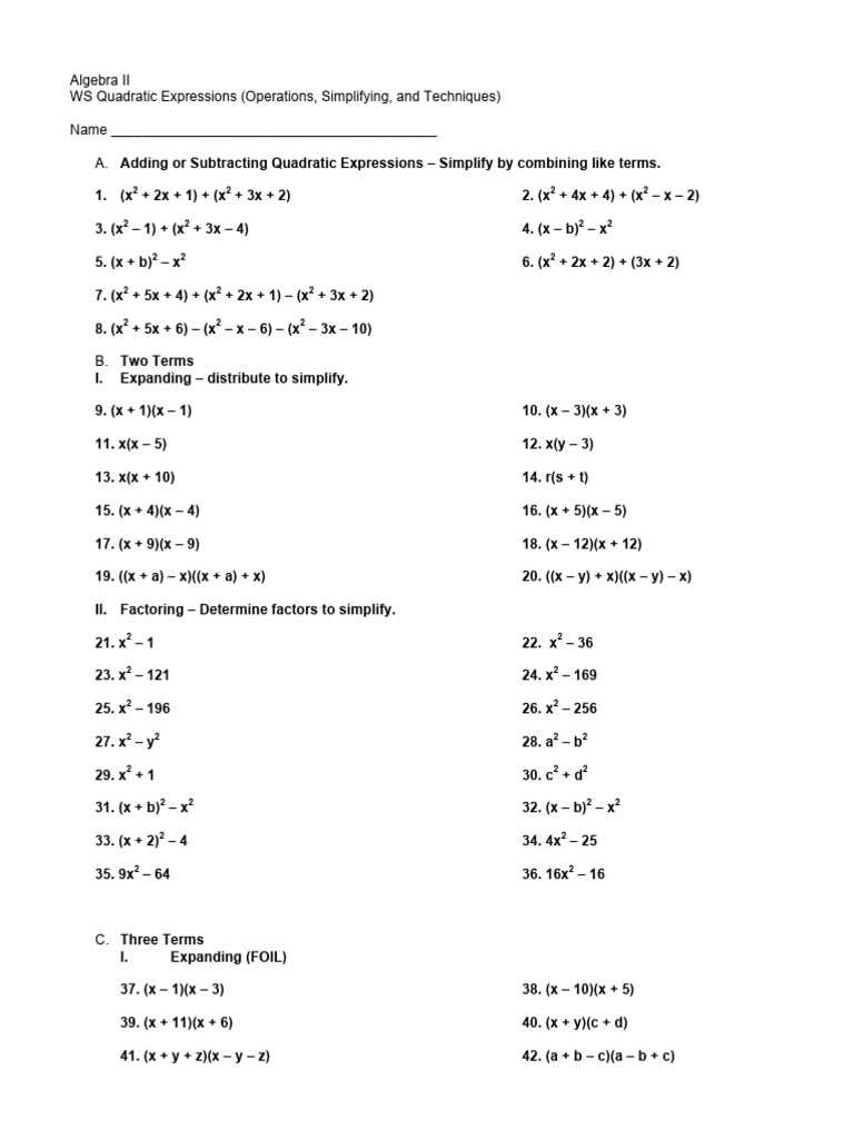 Algebra II WS Quadratic Expressions Adding, Subtract, Factor, Expand ...