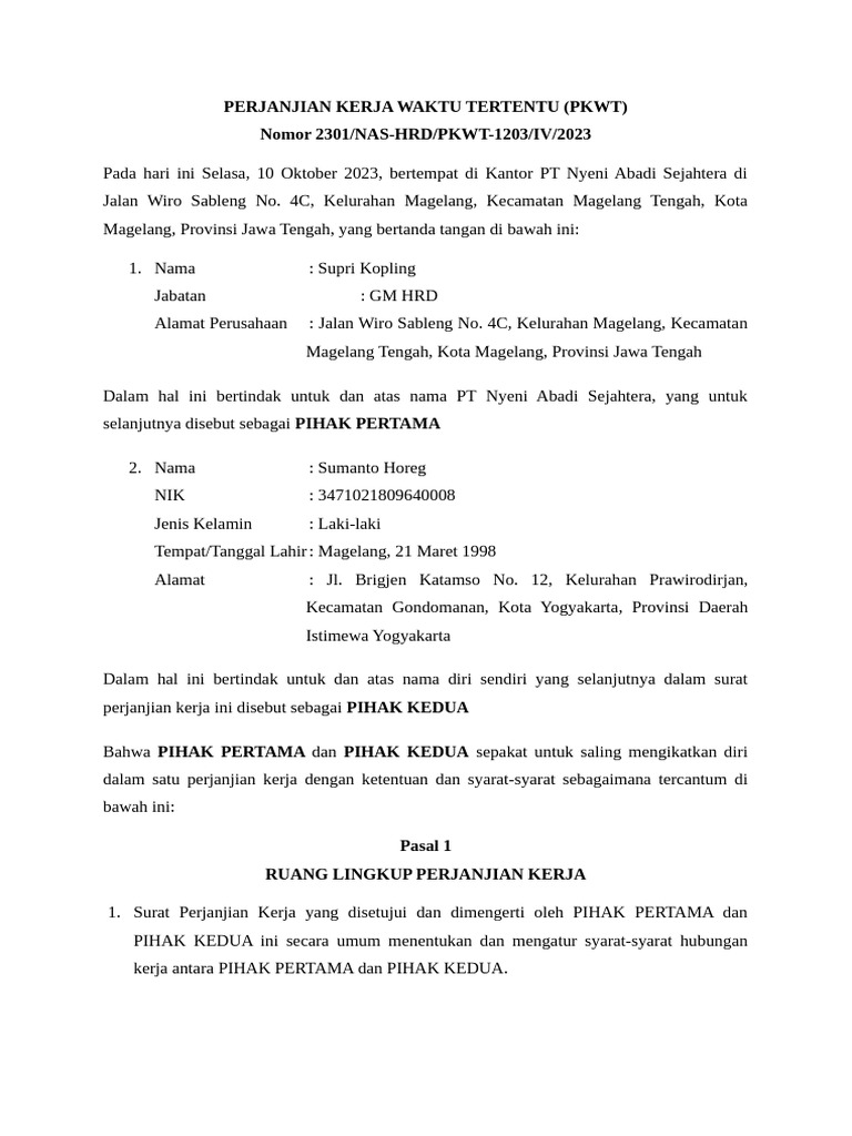 Perjanjian Kerja Waktu Tertentu (PKWT) | PDF