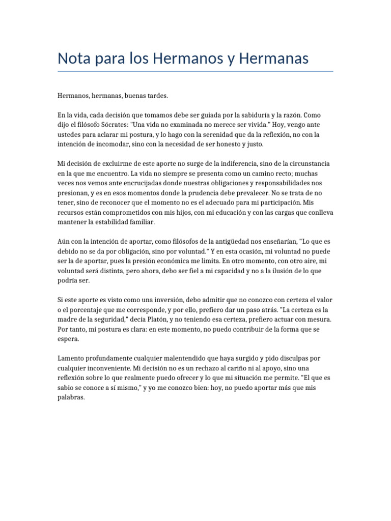 Nota para Los Hermanos y Hermanas | PDF