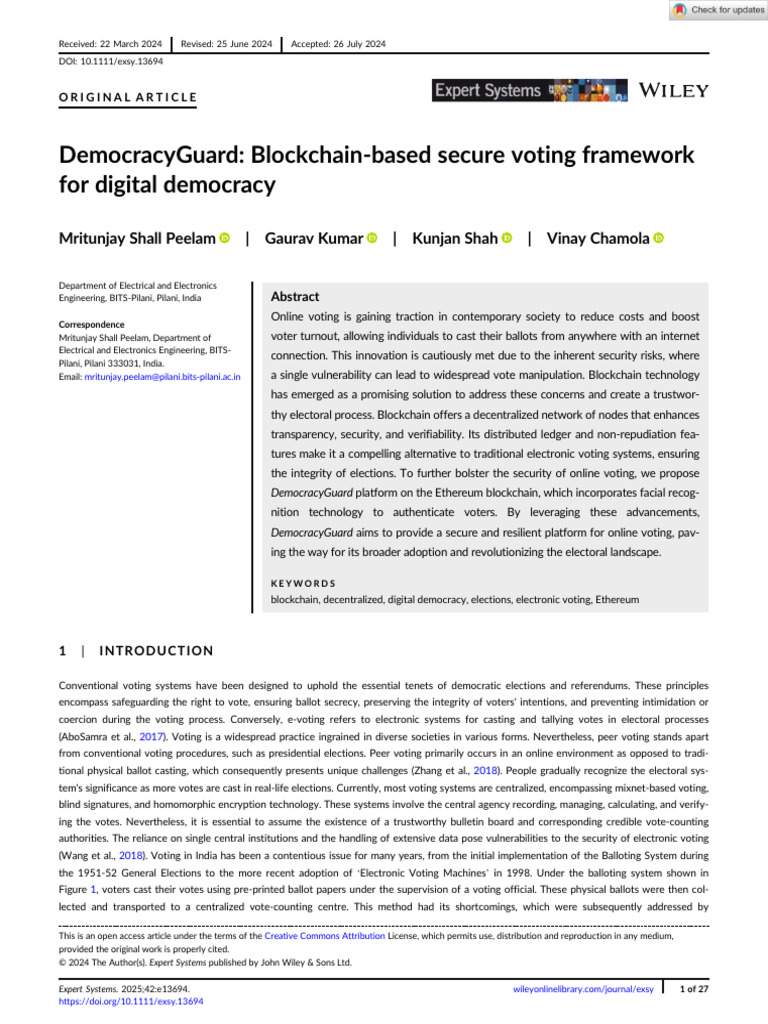 Expert Systems - 2024 - Peelam - DemocracyGuard Blockchain‐Based Secure Voting Framework for ...