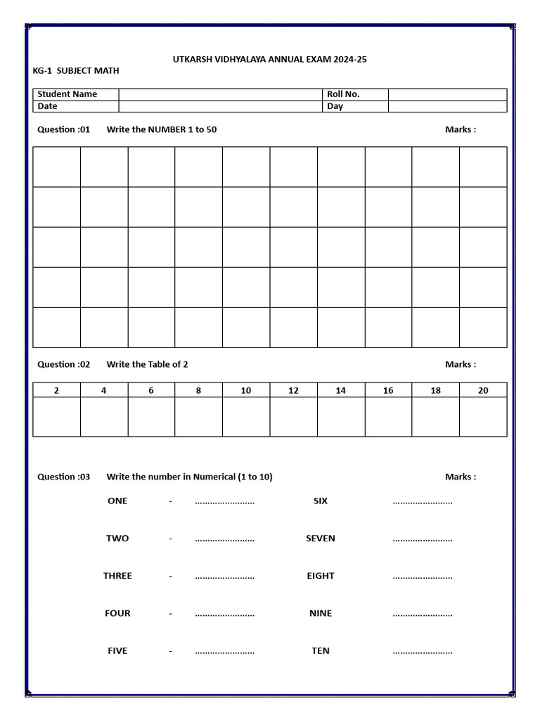 KG-1 Math Exam Paper 2024-25 | PDF