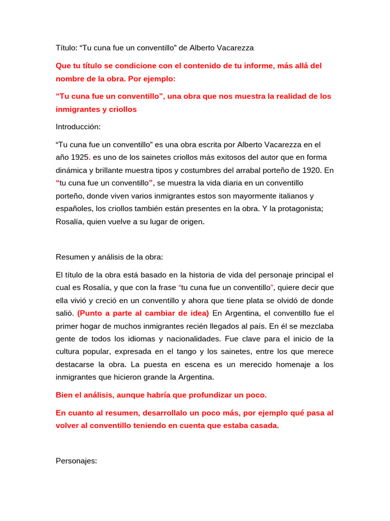 DEVOLUCION - Tu Cuna Fue Un Conventillo TP Avalos Princesa | PDF