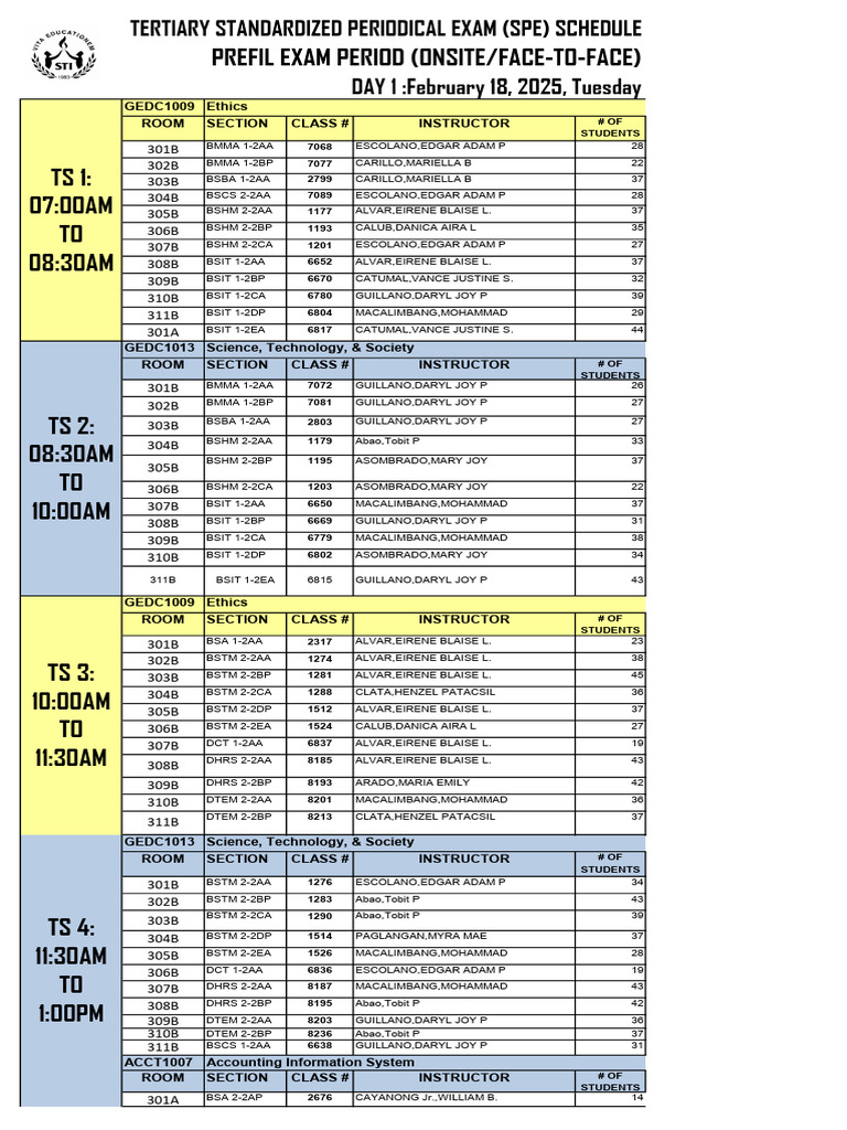Day 1 PRELIM SPE SCHEDULE AY2425T2 - Students | PDF