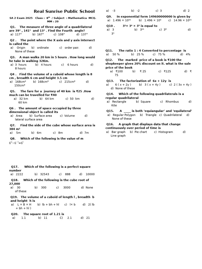 Class 8th Math MCQ 2025 | PDF | Area | Elementary Geometry