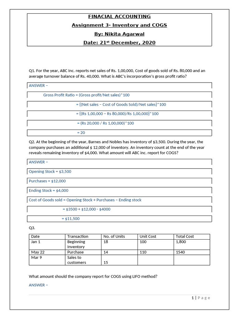 Assignment 3- Inventory and COGS solved | PDF | Cost Of Goods Sold | Financial Economics