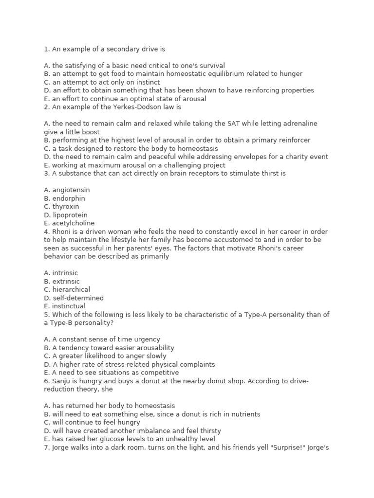 AP Psychollogy - Practice Test 3 - Motivation and Emotion Practice Test ...