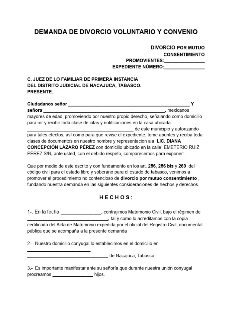 DEMANDA DE DIVORCIO VOLUNTARIO Y CONVENIO | PDF | Divorcio | Propiedad de la comunidad