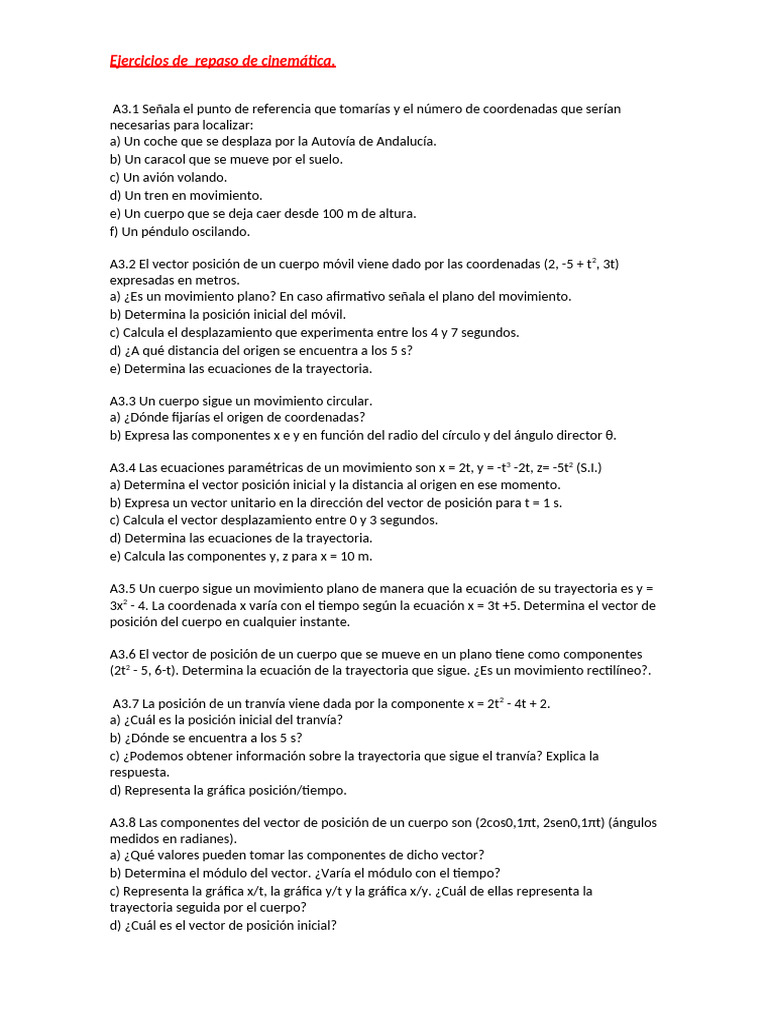Ejercicios de Repaso en Cinemática | PDF | Aceleración | Trayectoria