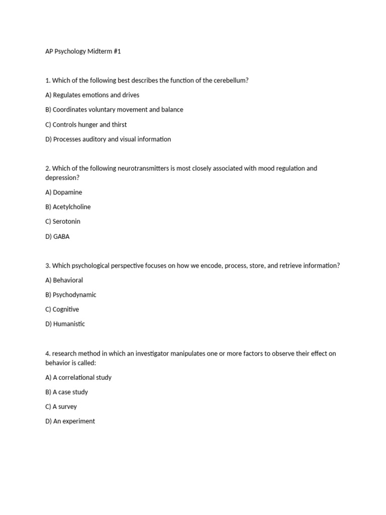 AP Psychology - Fall 2024 Midterm | PDF | Sleep | Neuroscience