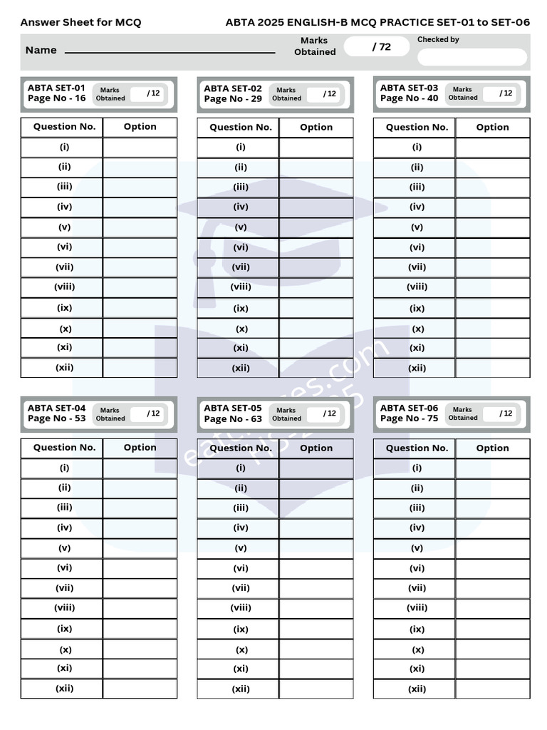 Answer Sheet For Abta 2025 Eng B MCQ | PDF