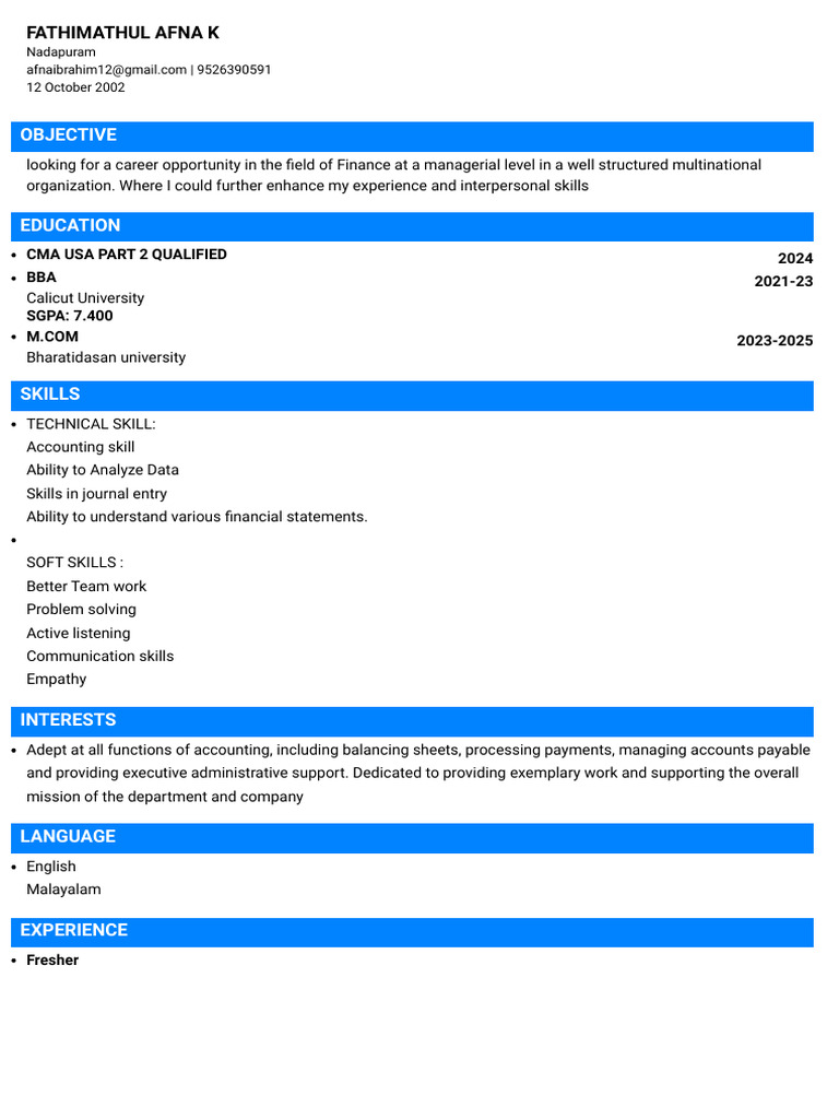 Objective: Fathimathul Afna K | PDF