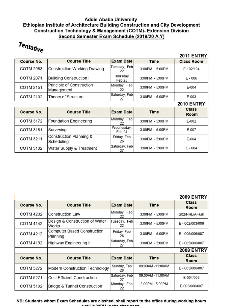 Addis Ababa University Exam Schedule 2020 | PDF