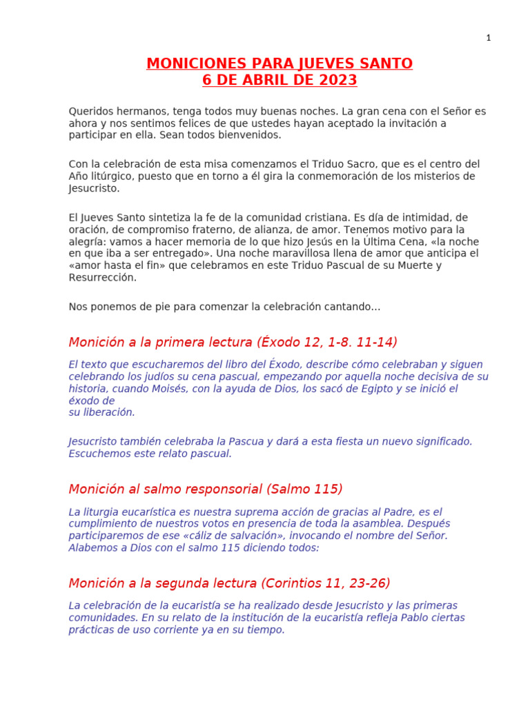 Moniciones para Jueves Santo 2023 | PDF | Pascua de Resurrección | eucaristía