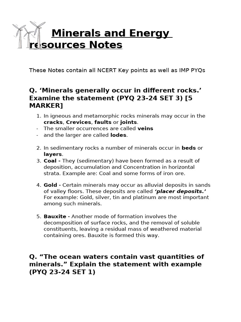 Minerals and Energy resources Notes CLS-10 | PDF