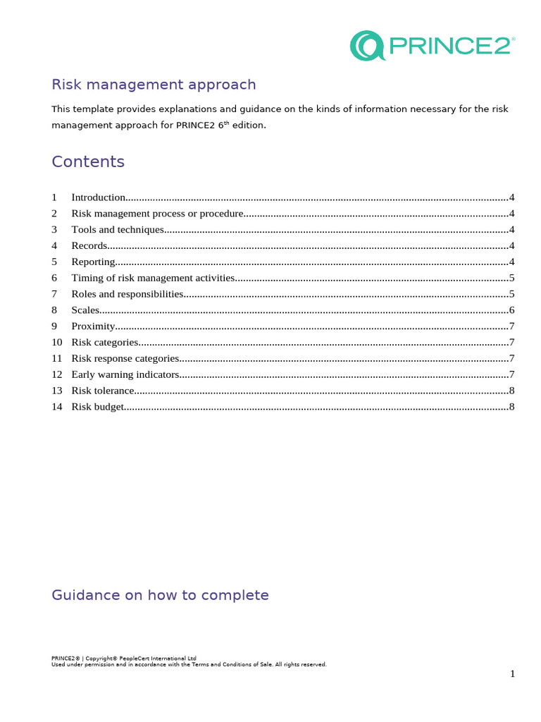 PRINCE2 6th Edition Risk Management Approach Template Short Example ...