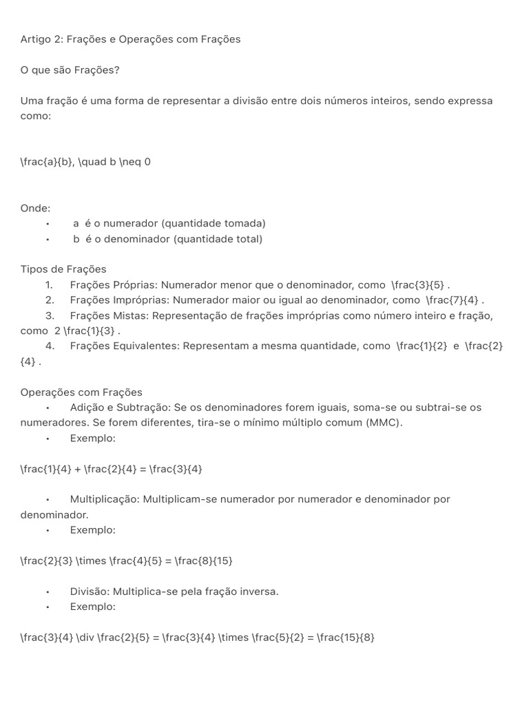 Frações: Tipos e Operações Explicadas | PDF