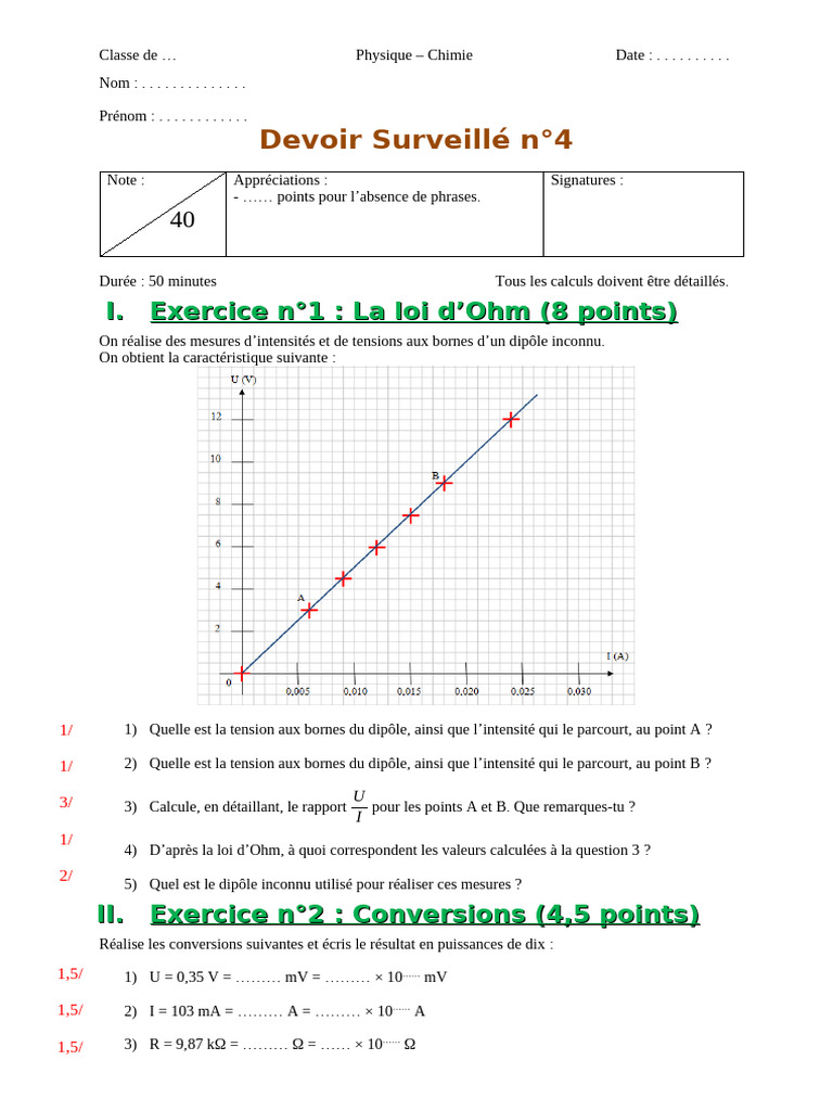 Contrôle n°4 - Énoncé - 4ème | PDF | Tension électrique | Résistance (électricité)