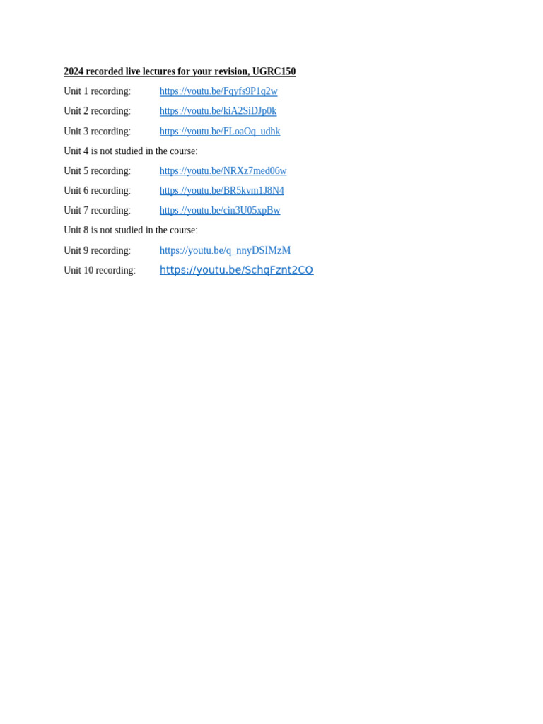 2024 UGRC150 Live Lecture Recordings | PDF