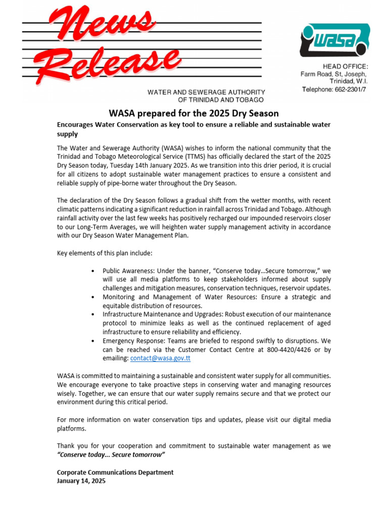 MR2025!01!14 WASA Prepared For 2025 Dry Season | PDF | Economies | Earth Sciences