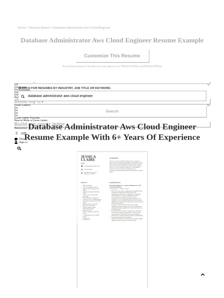 Database Administrator Aws Cloud Engineer Resume Sample | PDF | Postgre Sql | Cloud Computing