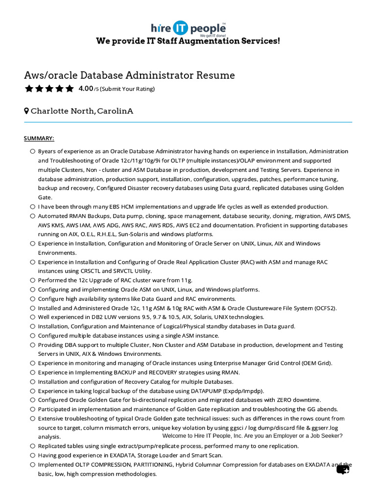 AWS_Oracle Database Administrator Resume Charlotte, North Carolina - Hire IT People - We get IT ...