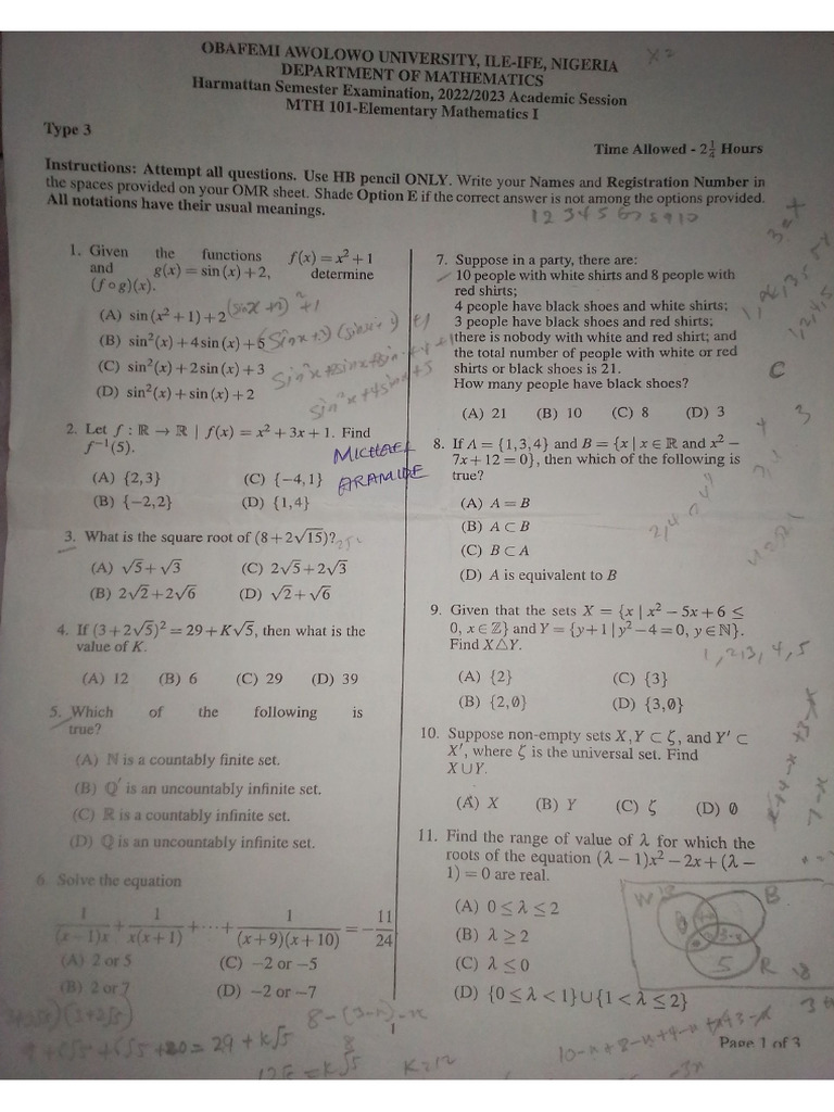 MTH101 - 2022-23 Harmattan Exam Paper by Mikemedia | PDF