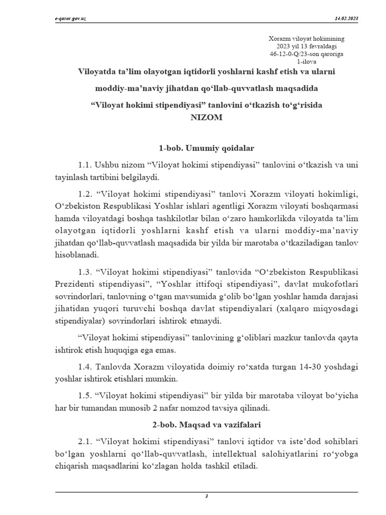 Hokim stipendiyasi nizom va mEzoni | PDF