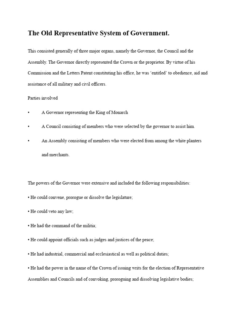 The Old Representative System of Government & Crown Colony | PDF ...