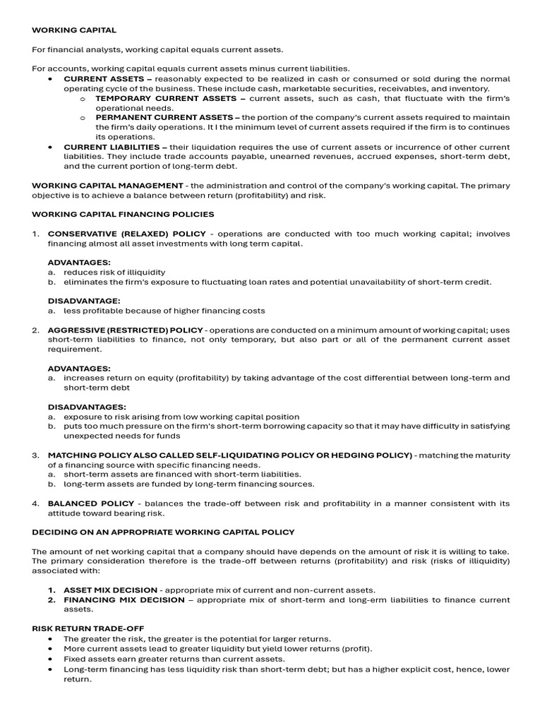 Acc 222 Introduction To Working Capital Management Handout | PDF ...