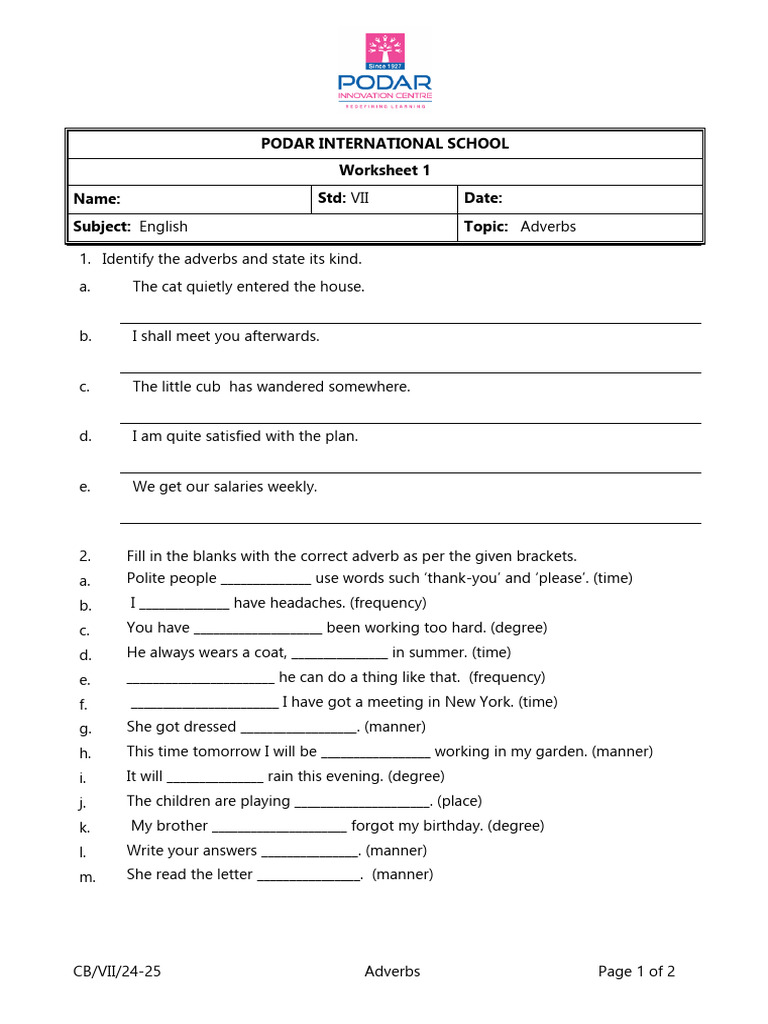Adverb Identification and Usage Worksheet | PDF
