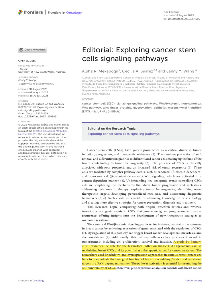 Exploring CSCs signaling pathways (editorial) | PDF | Carcinogenesis | Metastasis
