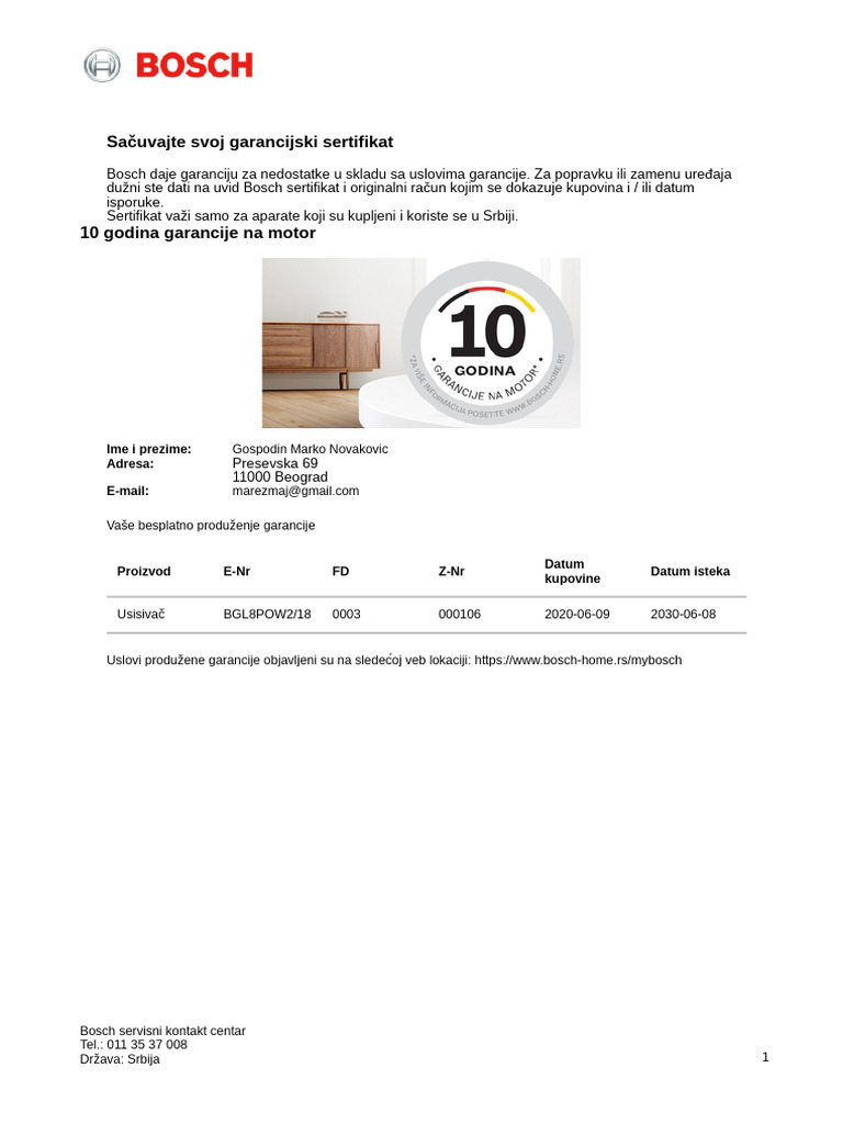 Sačuvajte Svoj Garancijski Sertifikat: 10 Godina Garancije Na Motor | PDF