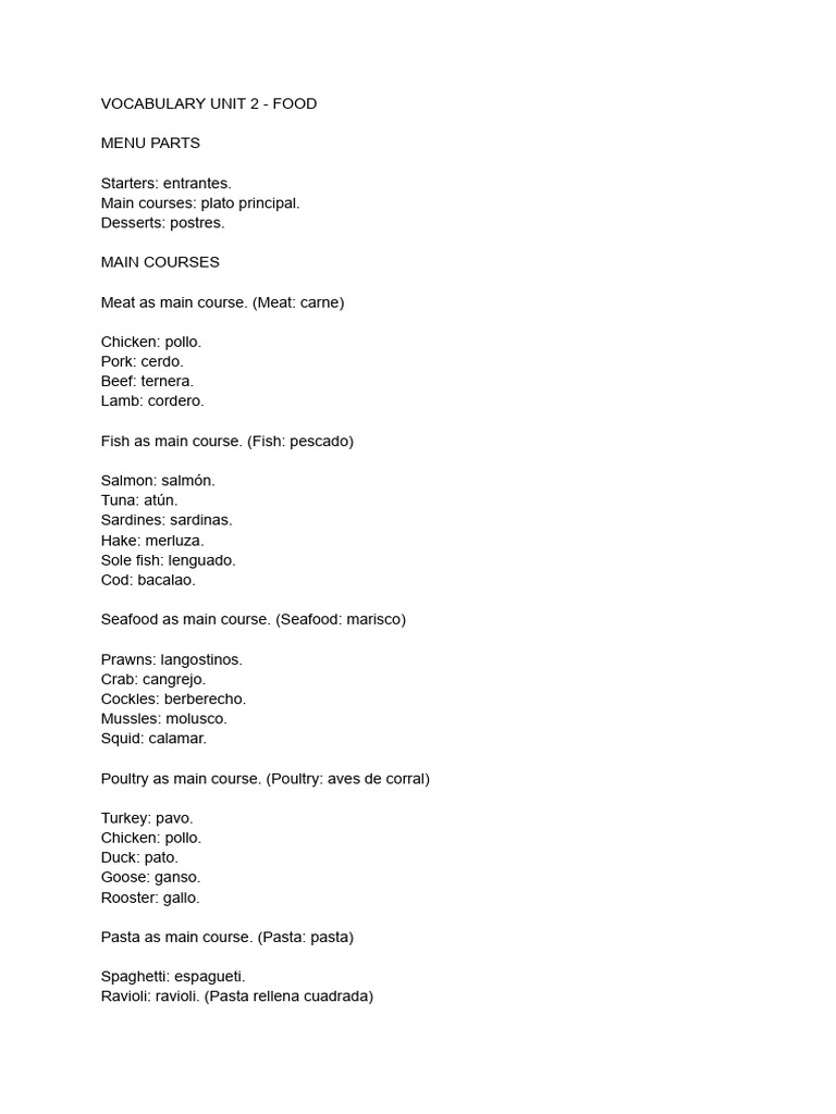 VOCABULARY UNIT 2 - FOOD | PDF