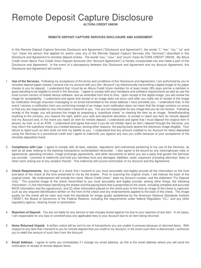 Remote Deposit Capture Agreement Overview | PDF | Cheque | Legal Liability