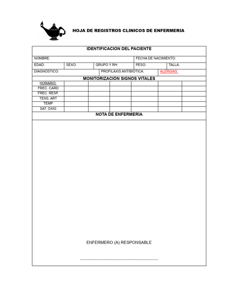 Hoja de Registros Clinicos de Enfermeria | PDF
