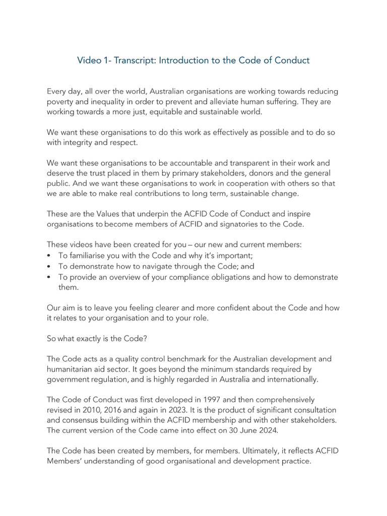 Transcript - Code of Conduct 1 - Introduction To The Code | PDF