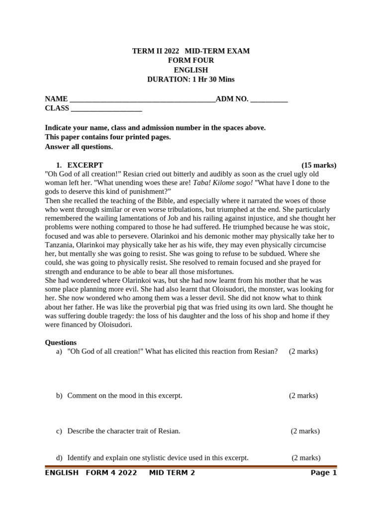 Taba! Kilome Sogo!: English Form 4 2022 Mid Term 2 | PDF