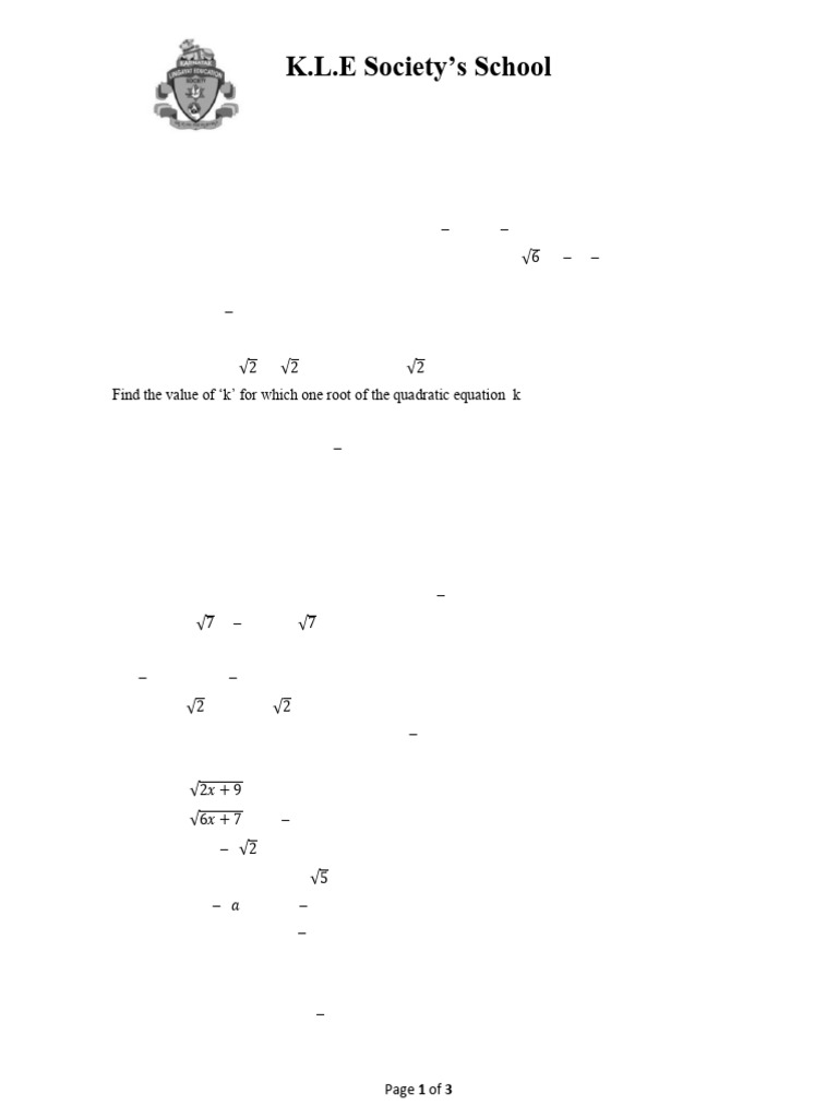 CBSE Grade X Quadratic Equations Questions | PDF | Speed | Length