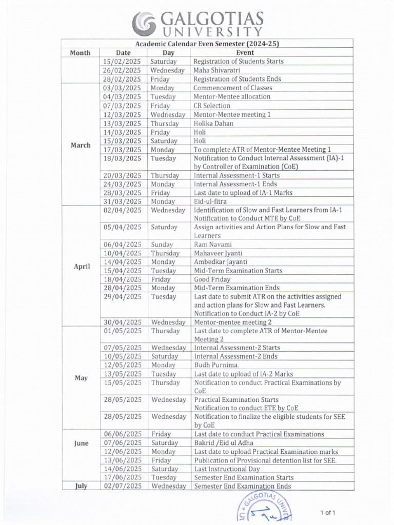 Academic Calendar 2024-25 Winter Session | PDF