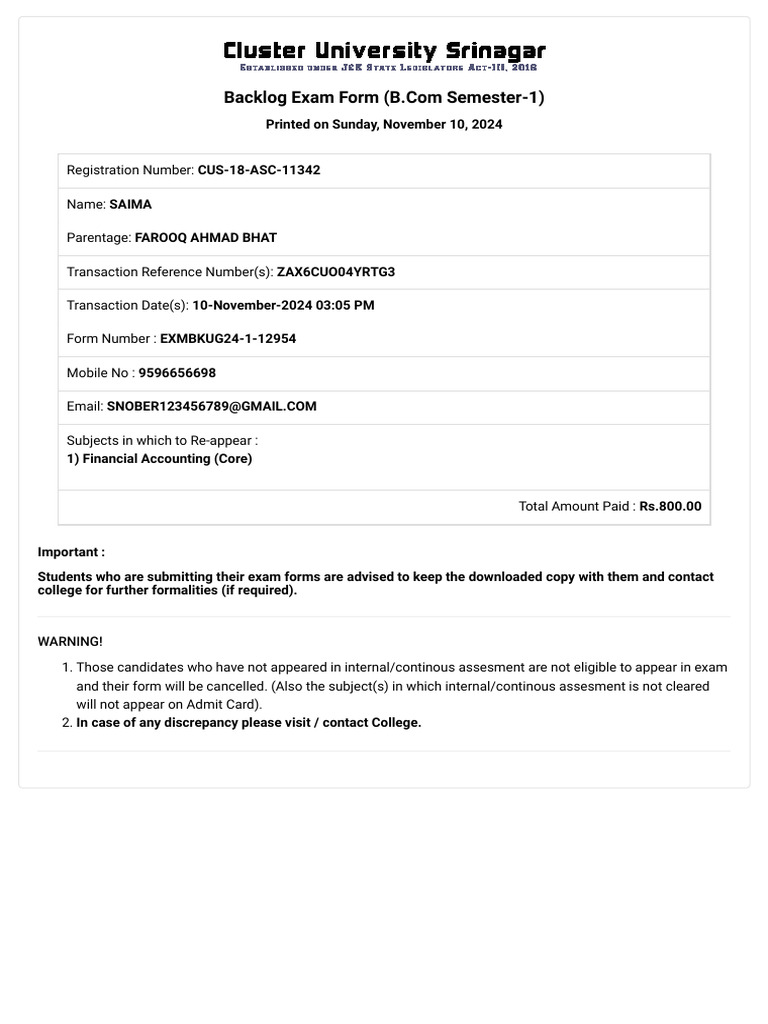 Exam Form Backlog 1st Sem | PDF