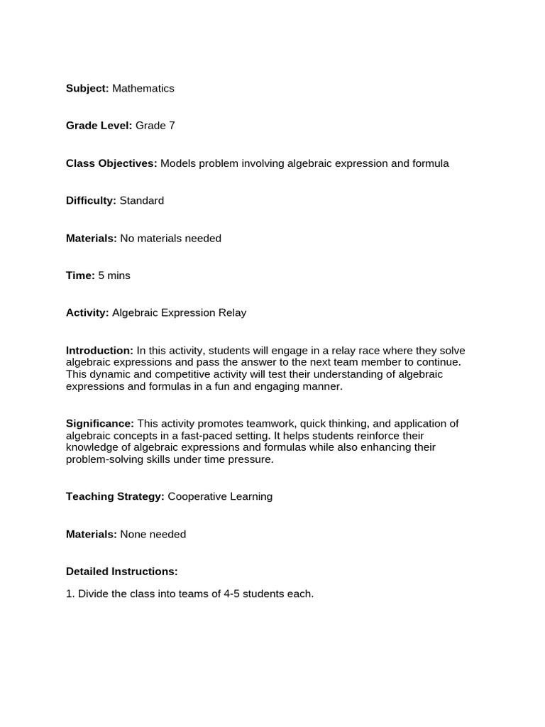 Grade 7 Algebra Relay Activity | PDF | Mathematics | Formula