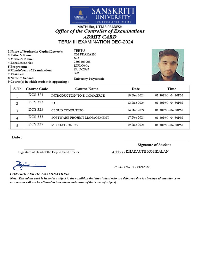 Polytechnic Term III Admit Card 2024 | PDF
