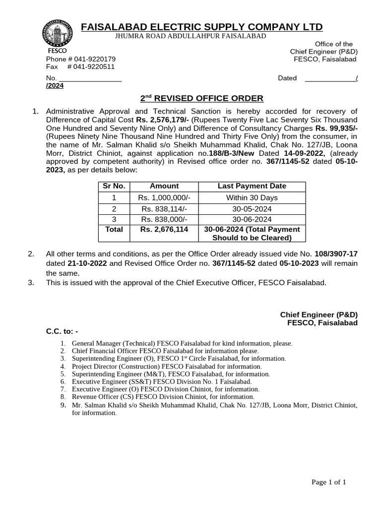 FESCO Capital Cost Recovery Order | PDF