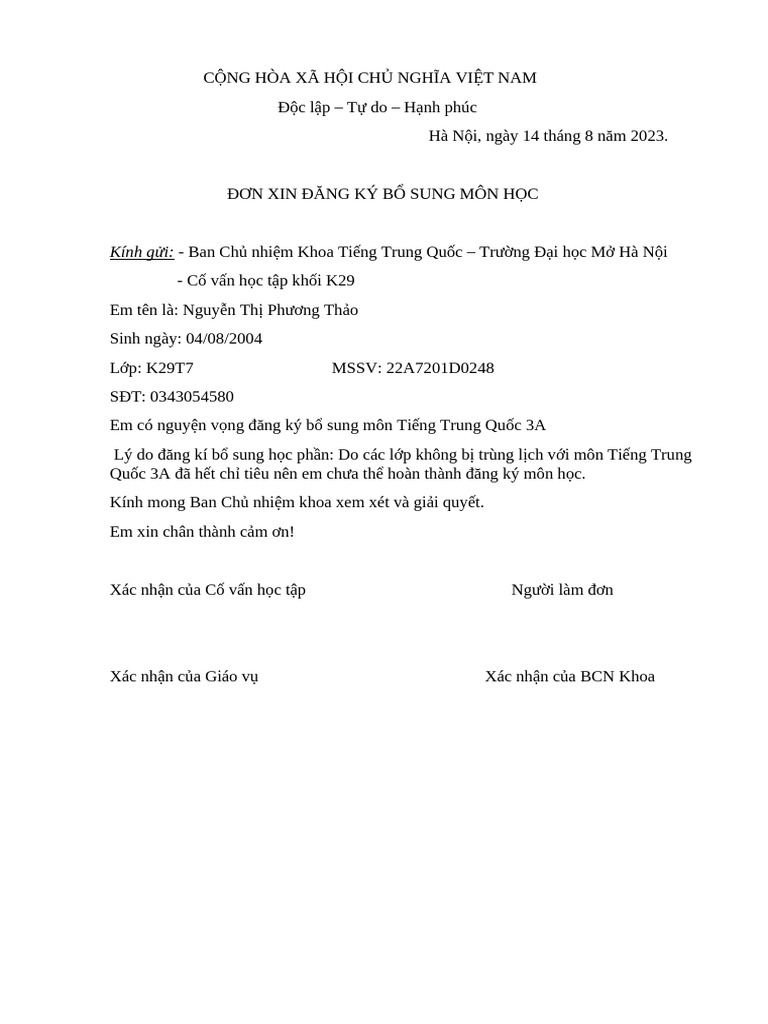 Đơn Xin ĐK B Sung 2 | PDF